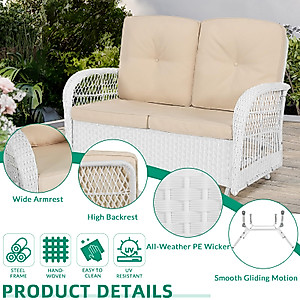 VIVIJASON 4-Piece Outdoor Patio White Wicker Conversation Sets, All Weather Outdoor Rattan Furniture Set Includes Glider Loveseat, Coffee Table, 2 Rocking Chairs with Cushions for Backyard, Beige