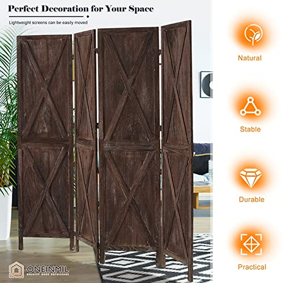 oneinmil Room Divider, 5.8 Ft Tall Folding Privacy Screens Room Divider, 4 Panel Wood Freestanding Partition Wall Dividers, Rustic Barnwood, Brown