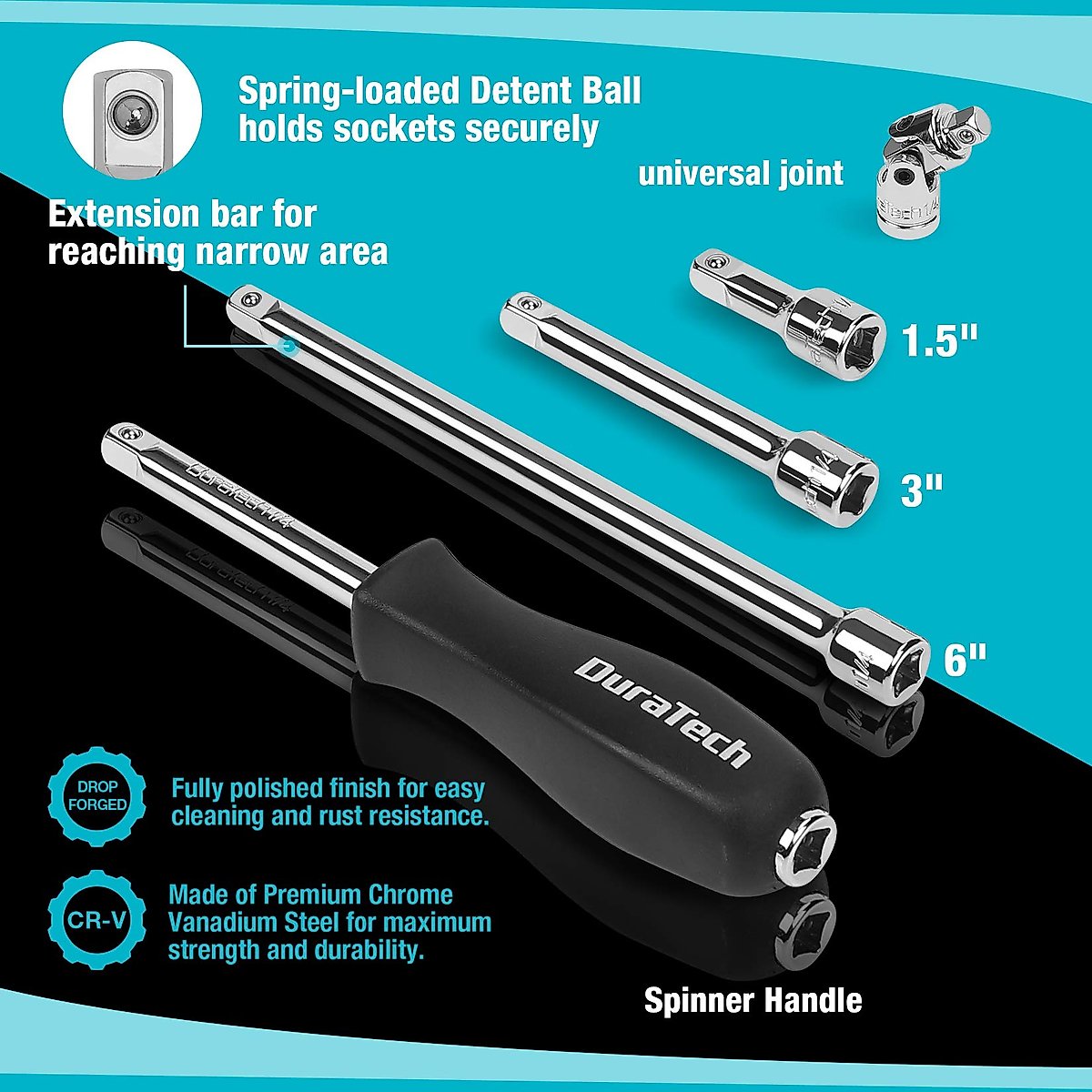 DURATECH 1/4" Socket Set, 51 Piece Tool Set Including Standard(SAE) and Metric Sockets, Bit Sockets, Ratchet and Universal Joint