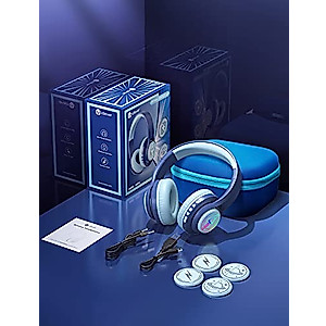 iClever TransNova Kids Bluetooth Headphones, LED Lights Up, Replaceable Plate, 74/85/94dB Volume Limited, 45H Playtime, Stereo Sound, Kids Headphones Wireless with Case for Travel iPad Tablet, Blue
