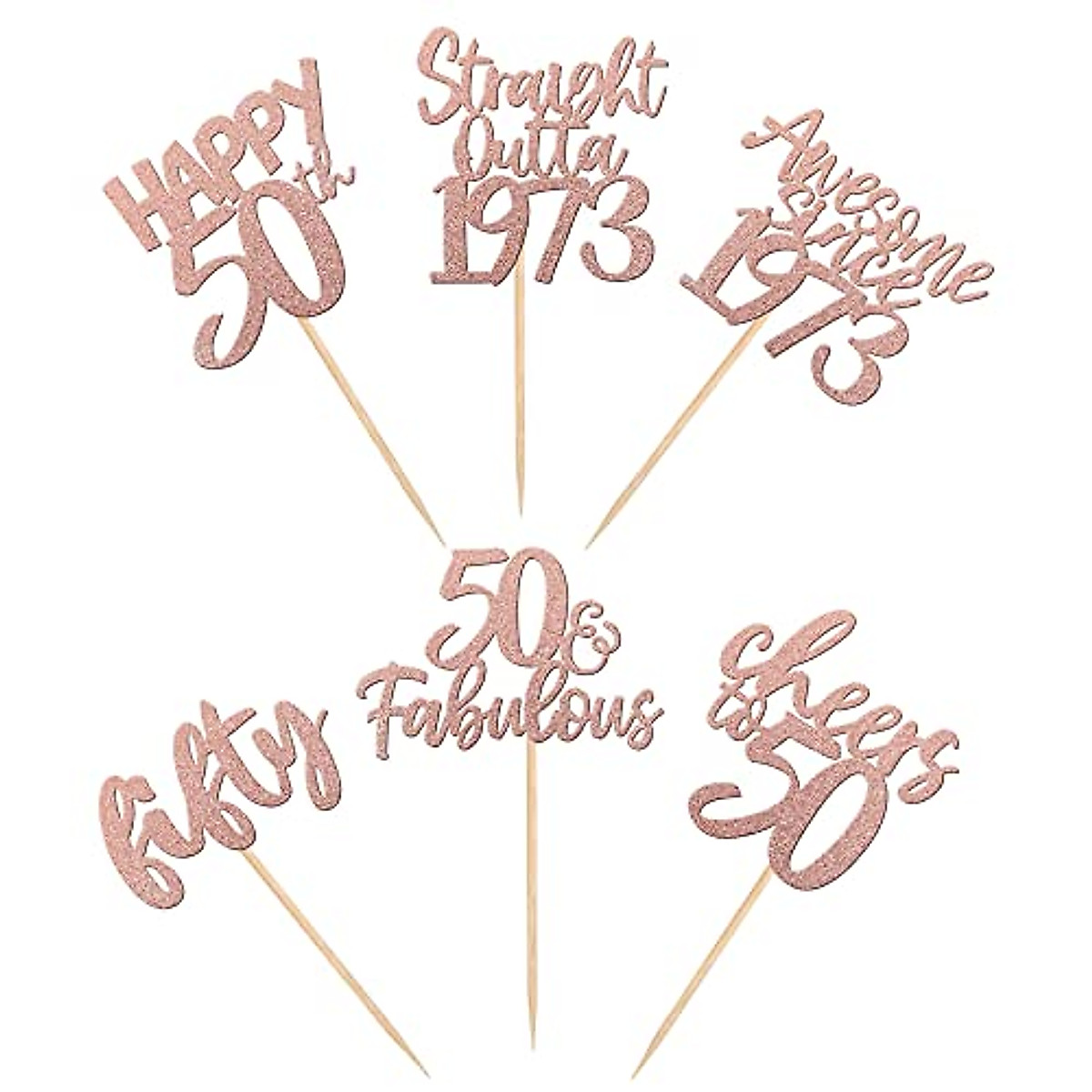 24 PCS Happy 50th Birthday Cupcake Toppers Glitter Fifty Straight Outta 1973 Cupcake Picks Cheers to 50 Fabulous Awesome Since 1973 Cake Decorations for 50th Birthday Party Supplies Rose Gold