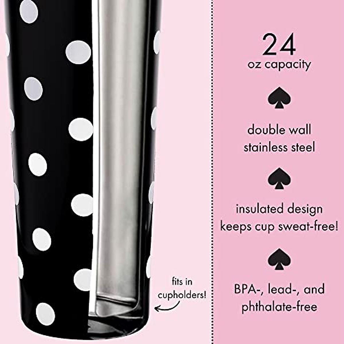 Kate Spade New York Cute Stainless Steel Mug, 24 Ounce Travel Tumbler, Double Wall Insulated Cup with Lid, Picture Dot (Black/White)