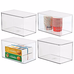 mDesign Plastic Stackable Kitchen Pantry Cabinet or Refrigerator Food Storage Container Box, Attached Hinged Lid - Organizer for Snacks, Produce, Pasta, Lumiere Collection - 4 Pack - Clear/White