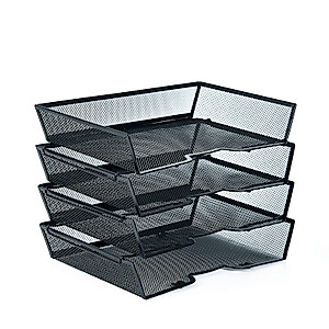 SETTFRFE 4 Tier Metal Mesh Desk Organizer-Stackable Letter Trays for Office Supplies,Black File Storage System with Reinforced Edges