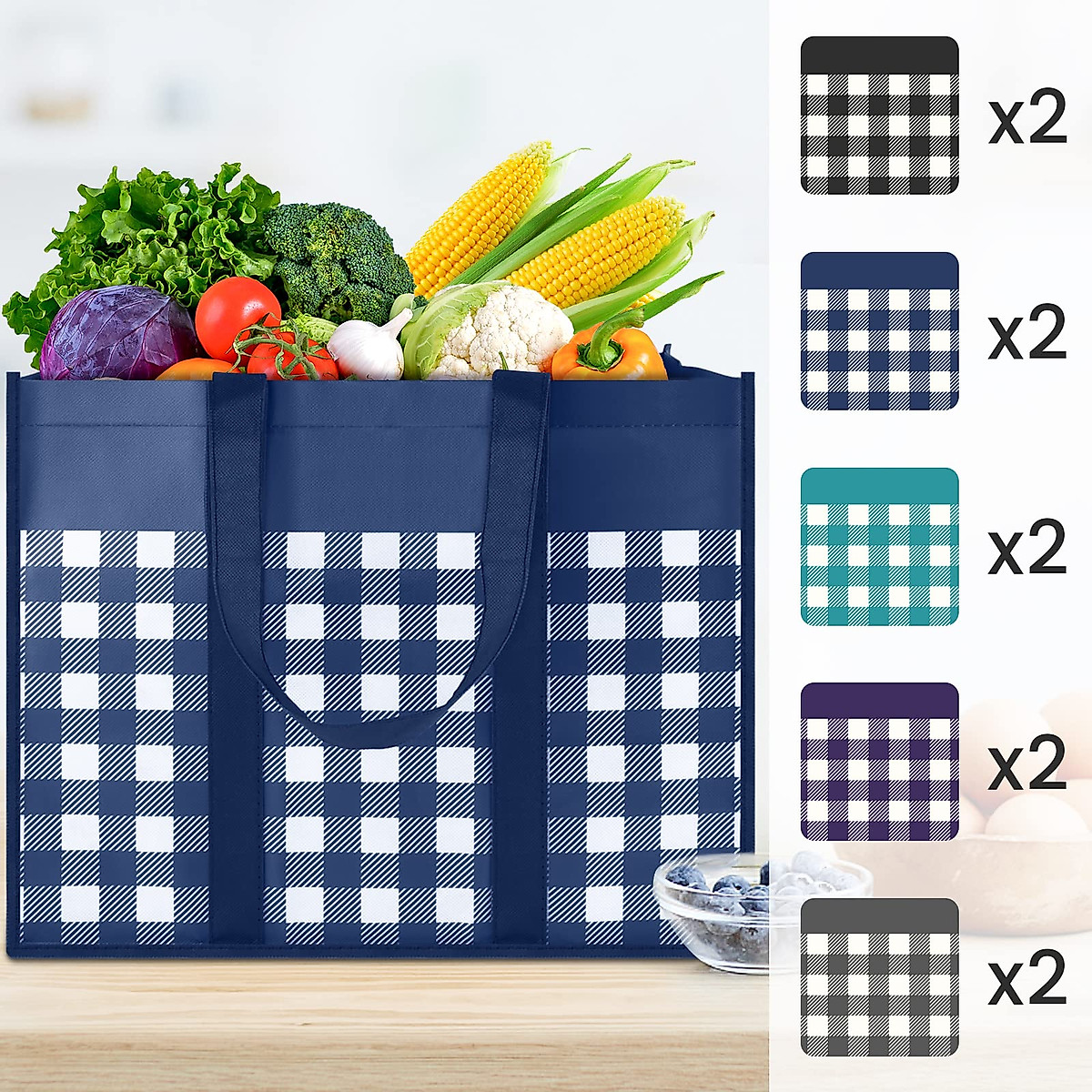 StorMiracle Reusable Grocery Bags 10-Pack, Large Foldable Reusable Shopping Tote Bags Bulk for Groceries, Waterproof Kitchen Cloth Produce Bags with Long Handles, Durable and Lightweight-Plaid Style A
