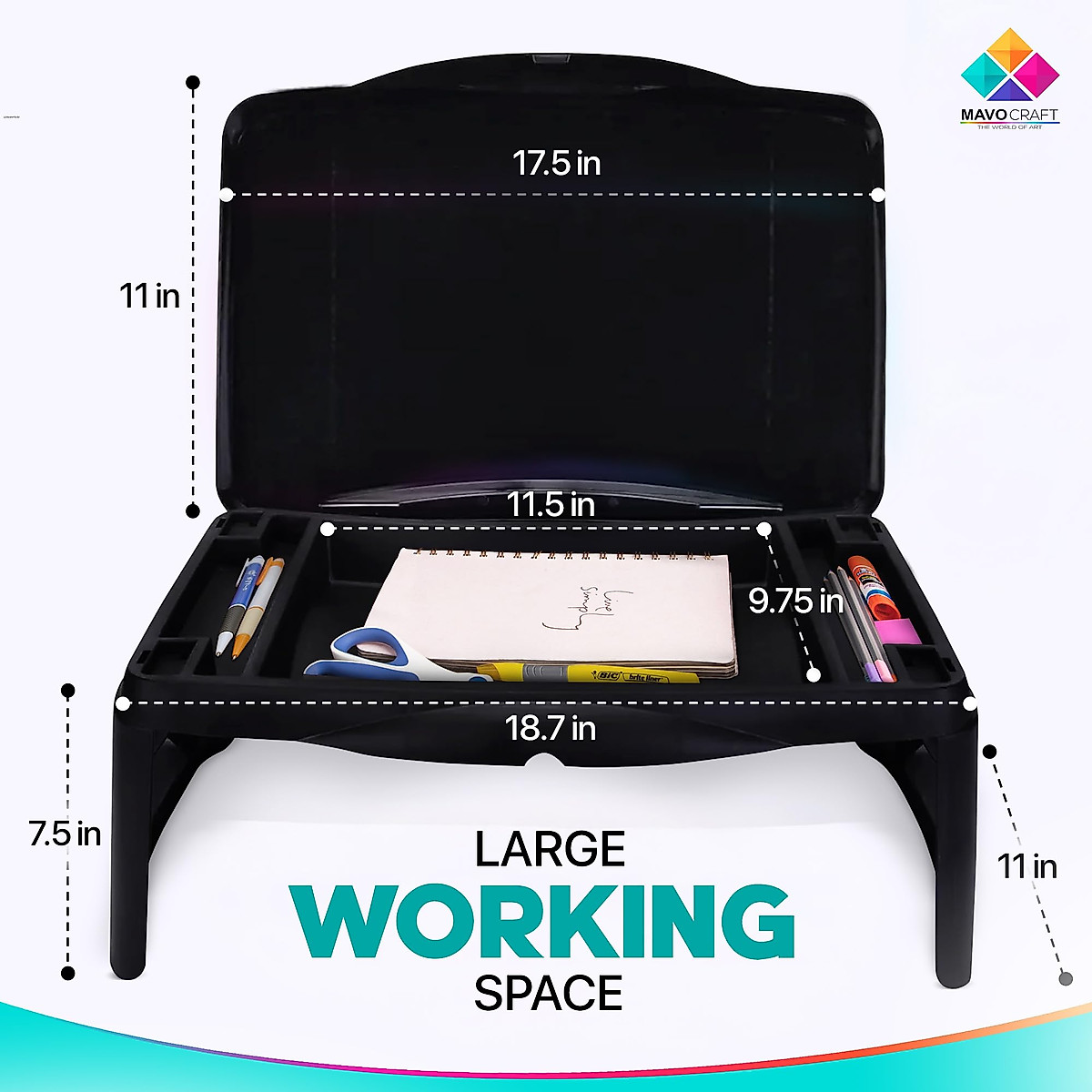 Folding Lap Desk, Laptop Desk, Breakfast Table, Bed Table, Serving Tray - The lapdesk Contains Extra Storage Space and dividers & Folds Very Easy, Great for Kids, Adults, Boys, Girls (Black)