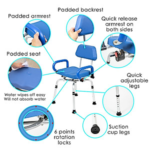 iLIVING ILG-638 Swivel Pivoting Shower Chair for Bathtub and Shower with Padded Seat, Back and Arms, and Adjustable Height , Blue