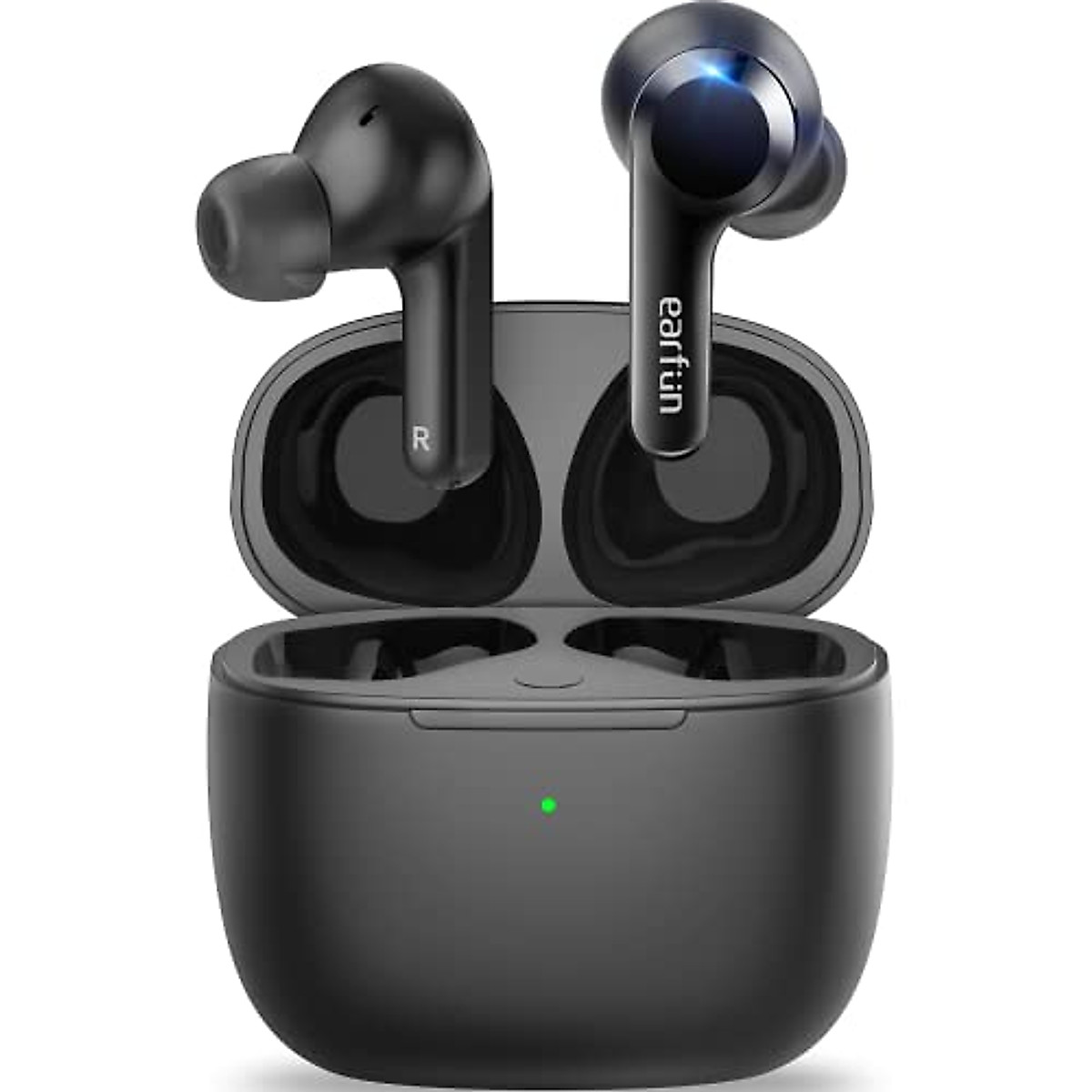 EarFun Air Wireless Earbuds, [Upgraded Version] [What Hi-Fi Awards] Bluetooth Earbuds with 4 Mics, Sweatshield IPX7 Waterproof, Game Mode, Wireless Charging, Deep Bass, USB-C Fast Charge, 35Hrs, Black