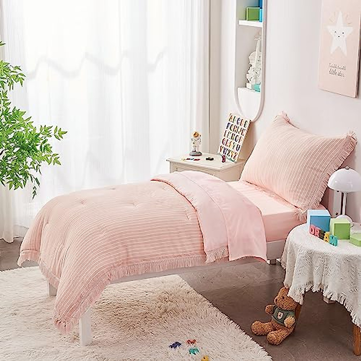 SUCHDECO Light Coral Toddler Bedding Set for Girls Pink Comforter Sets with Jacquard Stripes, Tassel Fringe 4 Pieces - Comforter, Fitted Sheet, Flat Sheet, Pillowcase