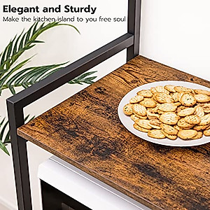 HOOBRO Bakers Rack for Kitchen, 4 Tier Microwave Stand with Storage, Multifunctional Baker's Rack with 8 Hooks, Wooden Kitchen Storage Shelf, Stable Metal Frame, Easy Assembly, Rustic Brown BF04HB01