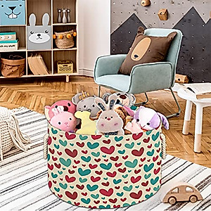 Cute Hearts Large Round Baskets for Storage Laundry Baskets with Handles Blanket Storage Basket for Bathroom Shelves Bins for Organizing Nursery Hamper Girl Boy
