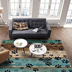 Seven Roses Indoor Area Rug, Paw Print Filling Non Slip Carpet Pad Bathroom Mat, Rustic Teal Brown Beige Wood Kitchen Runner Area Rug for Bedroom/Living Room/Kids Room 4'x6'