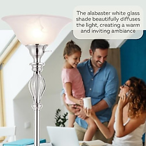 Silver Standing Lamp Floor Lamp For Living Room with White Alabaster Glass Shade- Stand Up Lamp Torchiere- Durable Iron Scrollwork And Glass Construction - Pole Lamp with Brushed Nickel Finish
