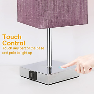 SEEDED-DESIGN Touch Lamps for Bedrooms Set of 2, Small Bedside Lamp with USB Port and Outlet, 3-Way Dimmable Nightstand Lamp for Living Room(LED Bulb Included) (Square, Purple)