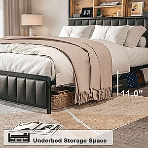 ANCTOR Queen Bed Frame with Upholstered Headboard and LED Light, Strong Platform Bed with Charging Station, Solid and Stable, No Box Spring Needed