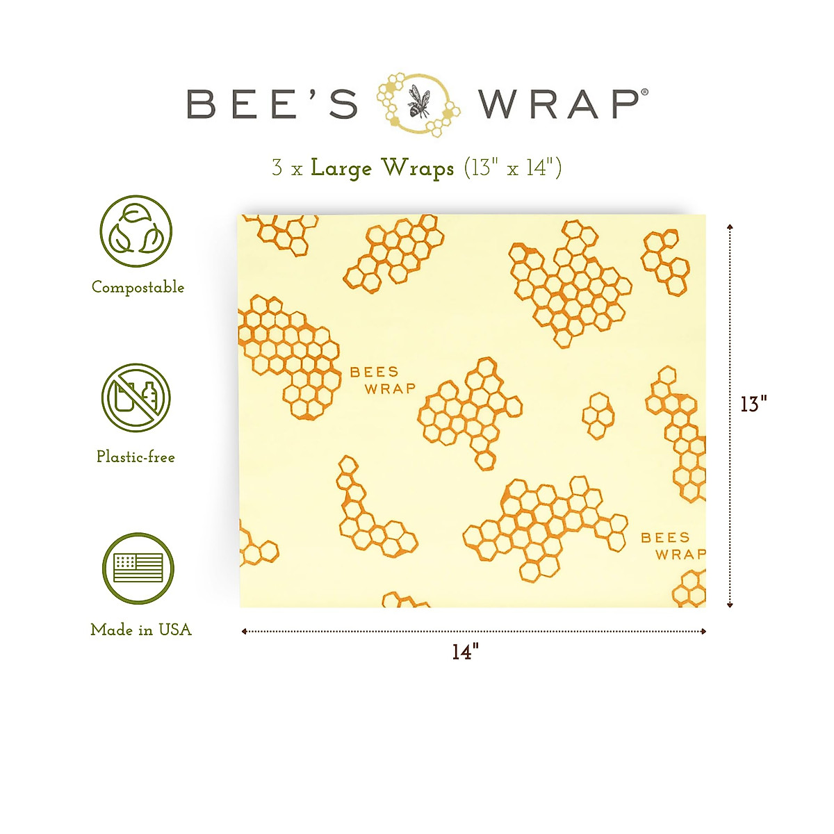 Bee's Wrap Reusable Beeswax Food Wraps Made in the USA, Eco Friendly Beeswax Wraps for Food, Sustainable Food Storage Containers, Organic Cotton Food Wraps, 3 Pack of Large Wraps, Honeycomb Pattern