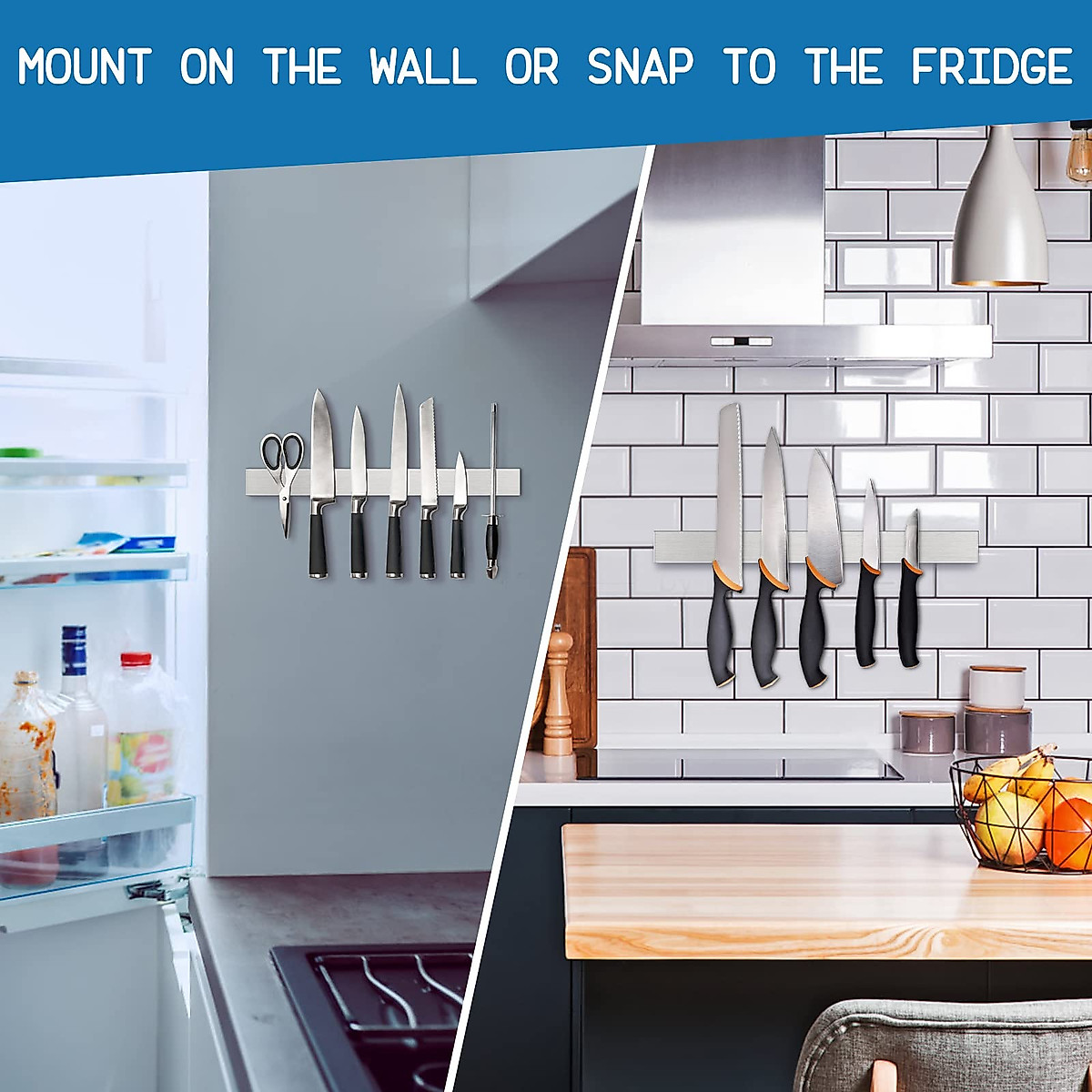 Magnetic Knife Holder for Refrigerator – Enkrio 16 Inch Double Sided Knife Magnetic Strip for Fridge - Stainless Steel No Drill Magnetic Knife Holder - Adhesive Knife Strip Magnet Knife Rack