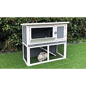 Hanover Outdoor Wooden 2-Story Rabbit Hutch with Ramp, Wire Mesh Run, Cage, Waterproof Roof, Removable Tray - HANRH0103-GRY