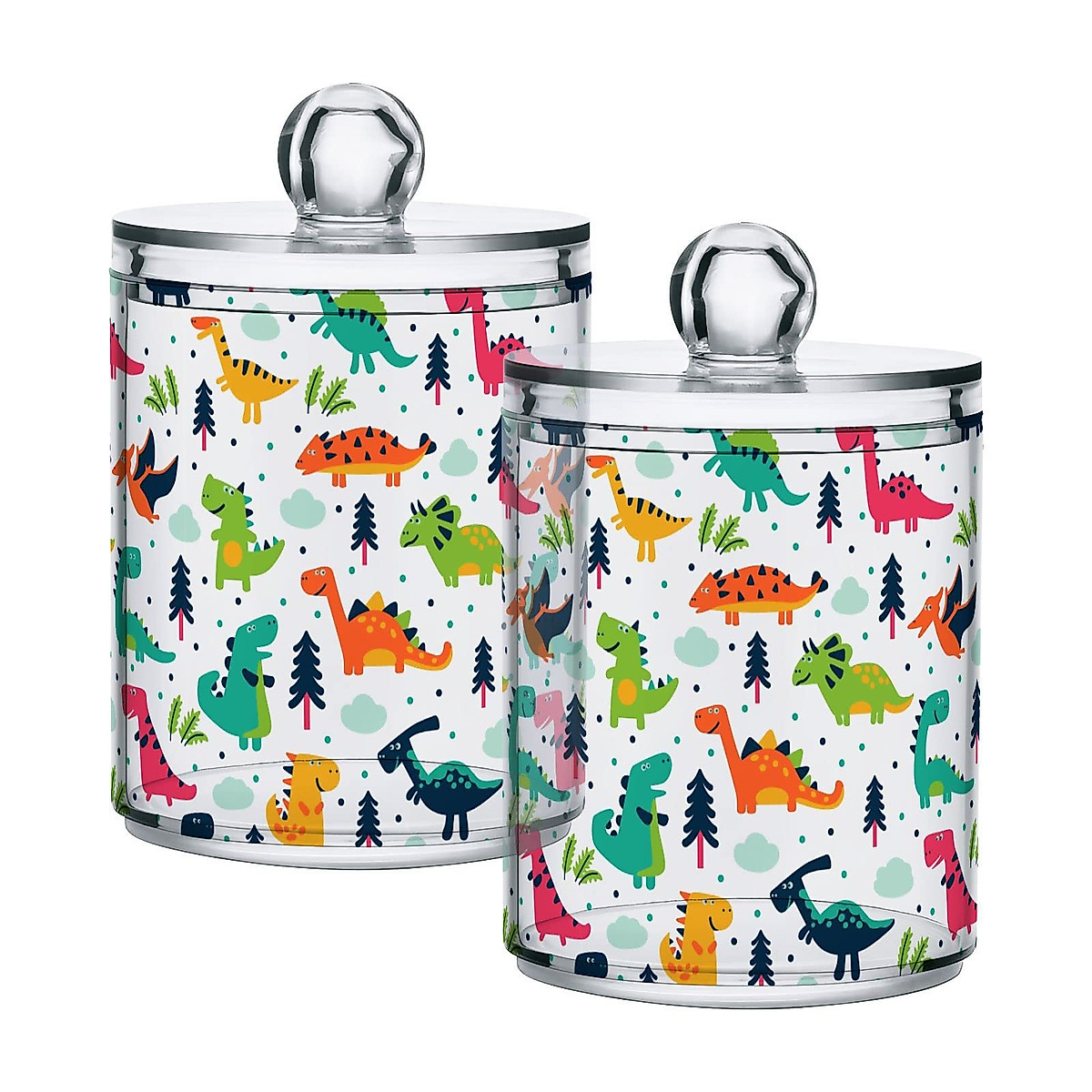 Coikll Cute Cartoon Dinosaur Qtip Holder with Lid 2PCS Apothecary Jars Storage Containers, Clear Plastic Canister for Cotton Swab,Floss Picks, Cosmetics