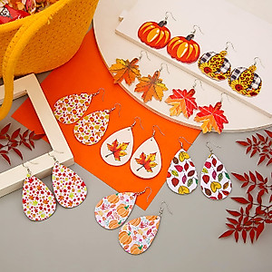 16 Pairs Fall Faux Leather Teardrop Earrings Plaid Pumpkin Sunflower Maple Leaves Autumn Jewelry Thanksgiving Accessory for Women