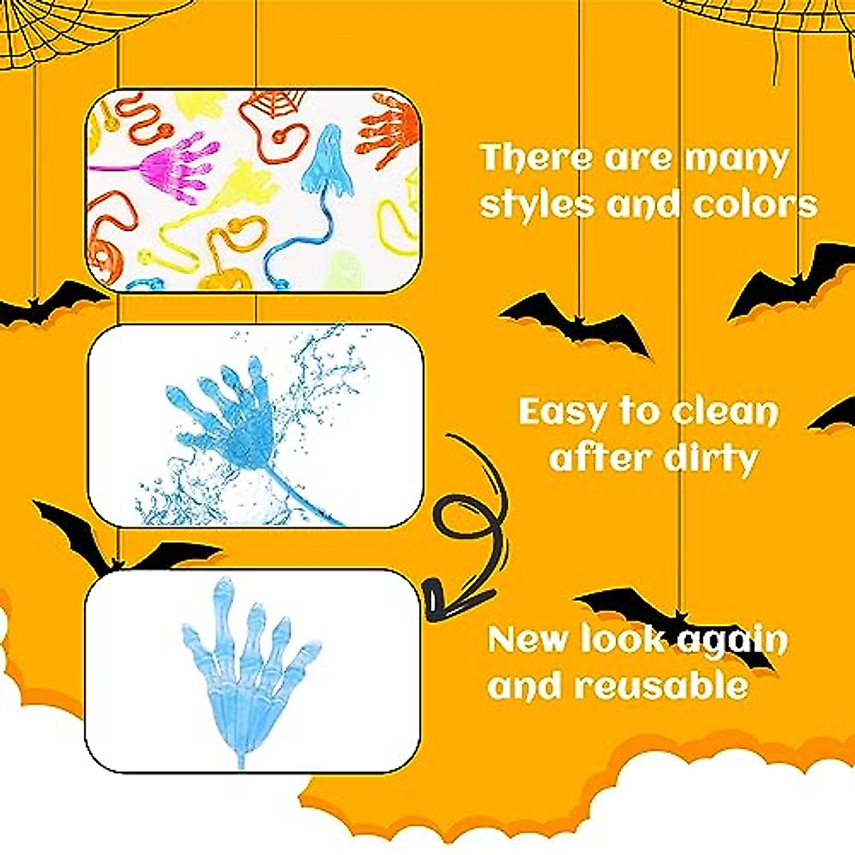 Vellibring 72Pcs Halloween Sticky Hands Party Favors Toys for Kids, Skull Skeleton Bat Ghost Pumpkin Styles Sticky Stretchy Toys for Goodie Bags Fillers Halloween Exchange Gifts Classroom Prizes