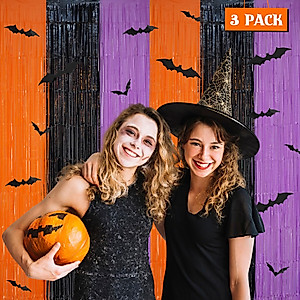 Halloween Party Decorations, 3 Pack 3.3 x 6.6 Ft Orange Purple Black Foil Fringe Curtains with 24 Bat, Halloween Backdrop Photo Booth Props Streamer for Halloween Party Supplies Birthday Decorations