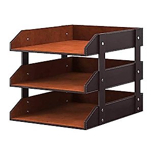 Leather Desk Organizer, 95store 3-Tier Stackable Document Tray, Perfect Desktop Organization Holder for Files, Folder, Stationery, Magazine, Newspaper, Mail, Office Supplies (Brown)