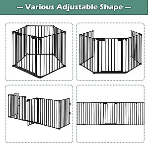 Costzon Baby Safety Gate, 121 Inch Length 5 Panel Adjustable Wide Fireplace Fence, BBQ Metal Fire Screen Gate, Pet Isolation Fence with Walk-Through Door, Freestanding Pets Gate (Black, 5-Panel)
