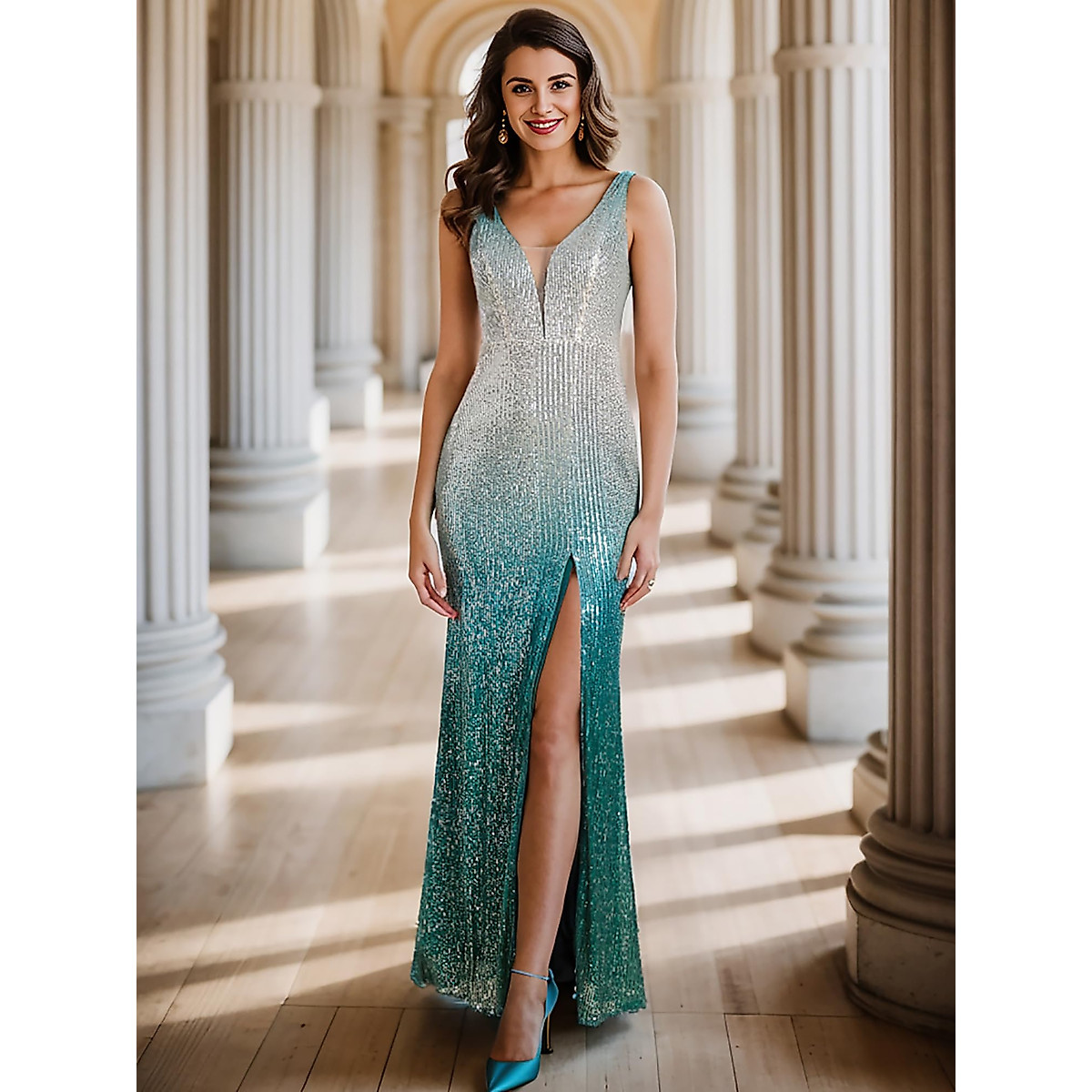 Ever-Pretty Women's Cruise V Neck Backless Sleeveless Mermaid Fall Maxi Graduation Dress Dark Green US16