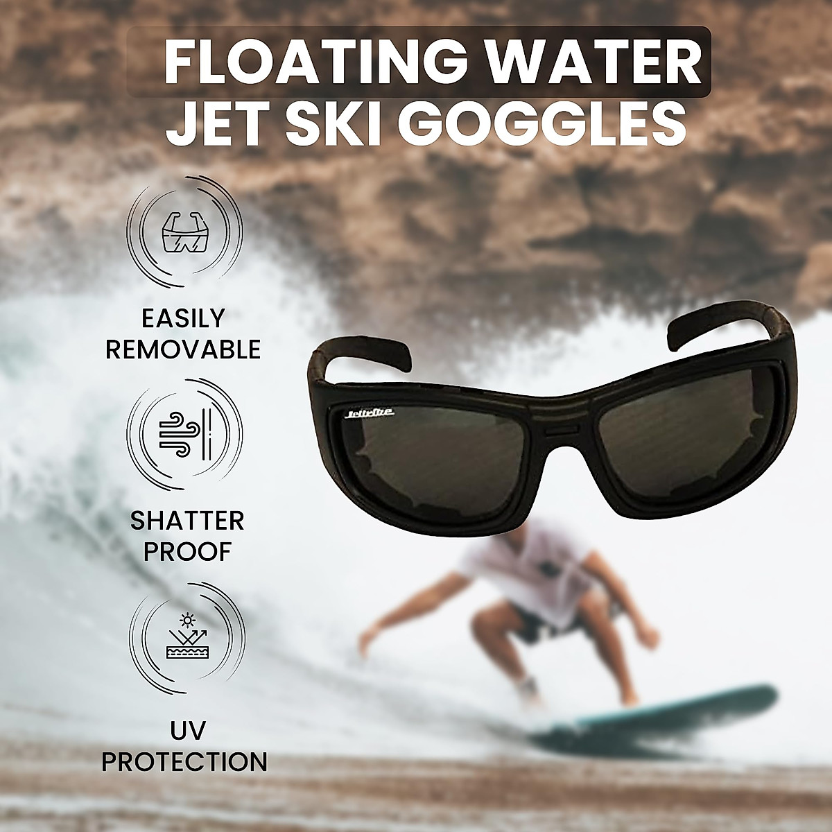 Stealth Hybrid Goggles Matte Black Frame/Smoke Sunglasses Floating Water Jet Ski Goggles Sport Designed for Kite Boarding, Surfer, Kayak, Jetskiing, other water sports.