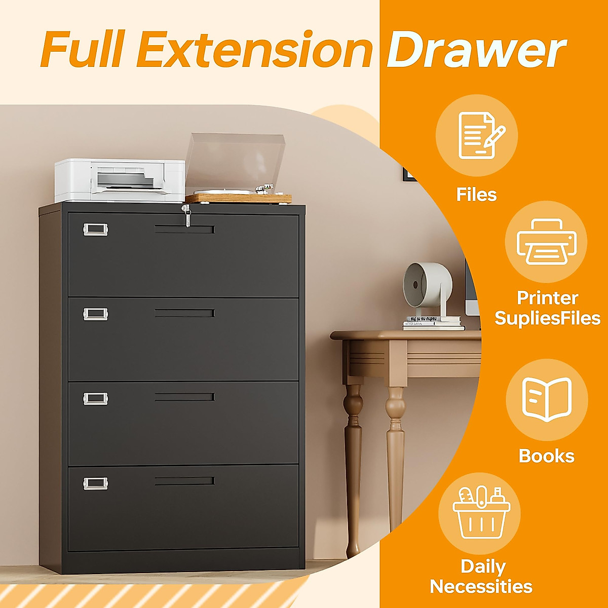 STANI Lateral File Cabinet, 4 Drawer Metal Storage File Cabinet with Lock, Metal Lateral File Cabinet for Home and Office, Assembly Required