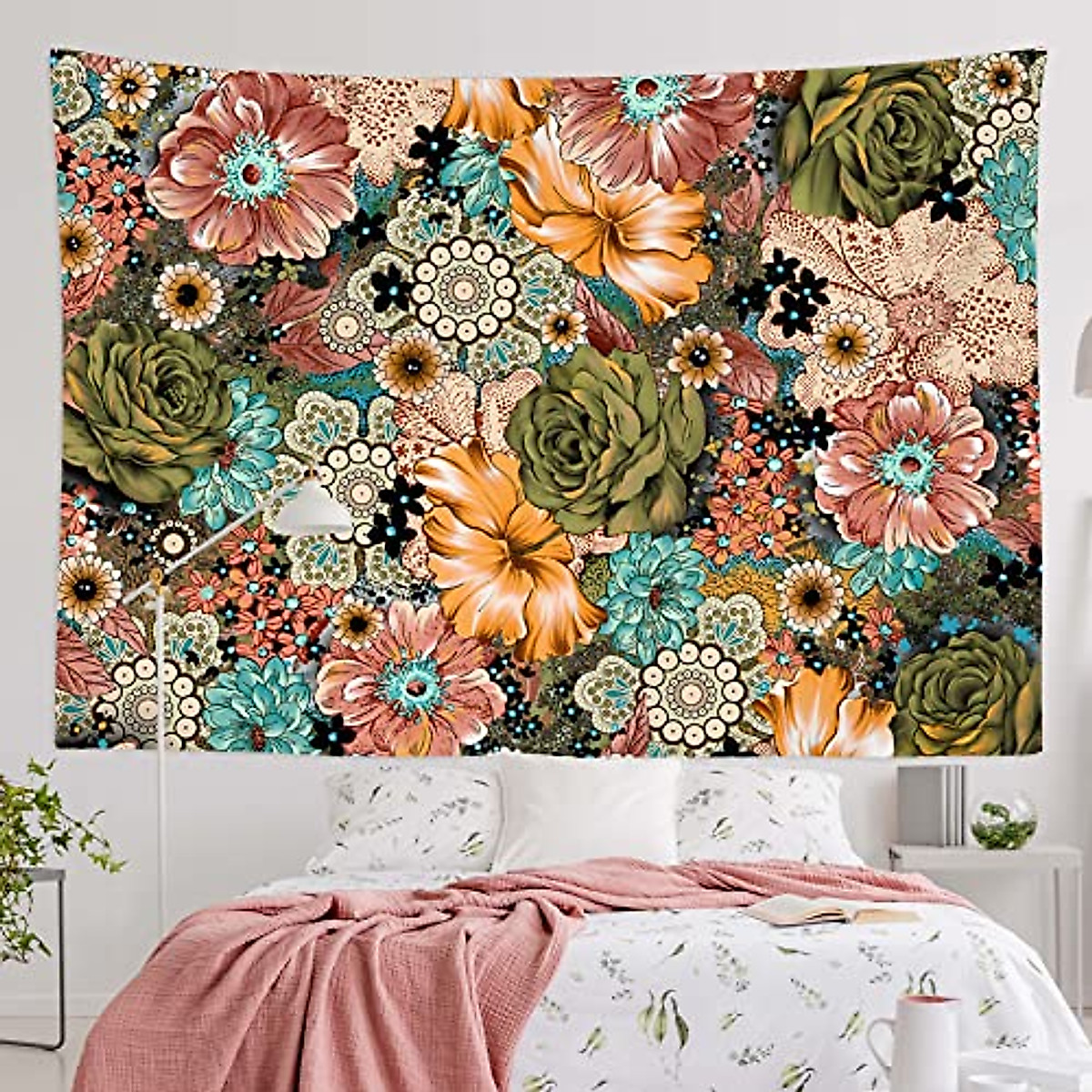 chiinvent Colorful Floral Tapestry Boho Flower Wall Hanging Multi Color Bohemian Flowers Plant Tapestries Botanical Nature Scenery Aesthetic Tapestry Decor for Bedroom Home Party, 59.1" x 82.7"