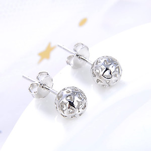 Bohemian Women 925 Sterling Silver Earrings - 7mm Hollow Pattern Ball Pendant - Silver Stud Earrings - 24k Gold Plating Fine Jewelry Gifts