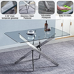 63" Glass Dining Table for 6, Rectangular Glass Dining Room Table with 0.39" Tempered Glasstop & Silver Stainless Steel Pedestal Base, Modern Dining Table for Kitchen Dining Living Room