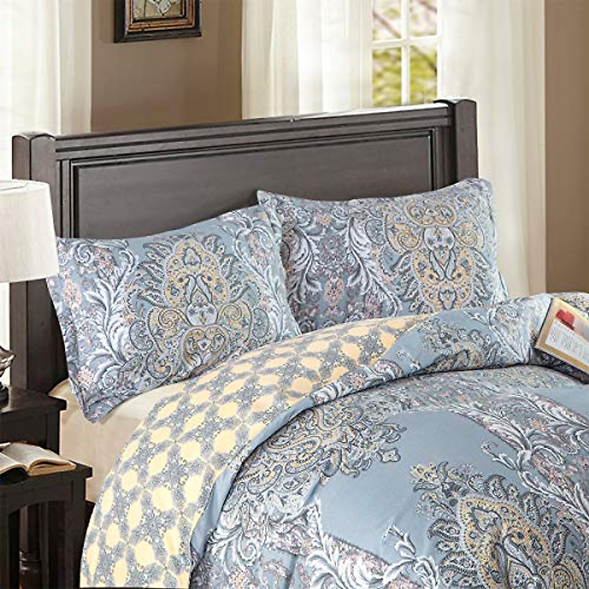 JUCFHY Cotton Duvet Covers and Sets -1000TC Egyptian Cotton Paisley Print Luxury Duvet Cover Set-Reversible Damask Medallion Percale Comforter Cover Set-2pcs Bedding (Twin,Light Blue Floral)