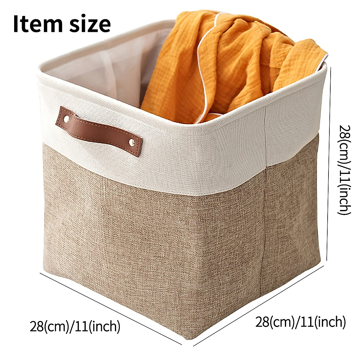 Jossens 11 Inch Fabric Baskets with Leather Handles,Foldable Cubes Storage Bins Set of 4 for Cube Organizer Home Toy Nursery Closet Bedroom (blue)