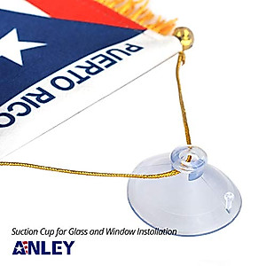 Anley 4 X 6 Inch Puerto Rico Fringy Window Hanging Flag - Mini Flag Banner & Car Rearview Mirror Décor - Fringed Puerto Rican Hanging Flag with Suction Cup
