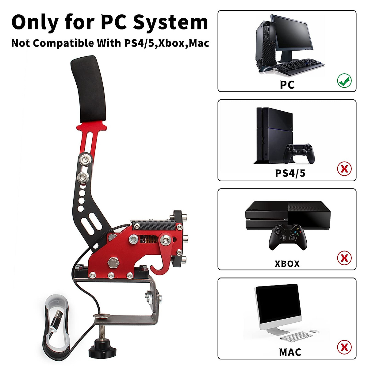Htostar Racing PC Racing Game USB Handbrake,64 Bit USB Handbrake Compatible with G25 G27 G29 G920 T500 T300(With Clamp)
