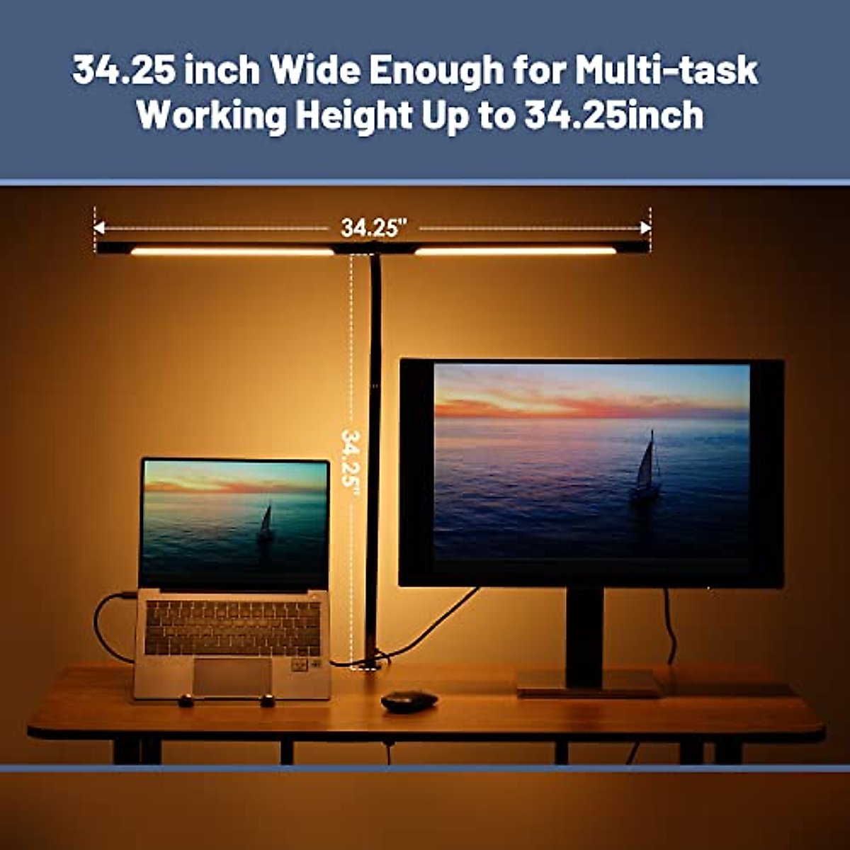 DELIZIO Desk Lamp 34.25in, Architect Lamp for Home Office, 21W Clamp Lamp ,3 Color Modes Stepless Dimming, Modern Eye-Caring Office Light ,Three Head Work Lamp with Remote Control Workbench Lamp