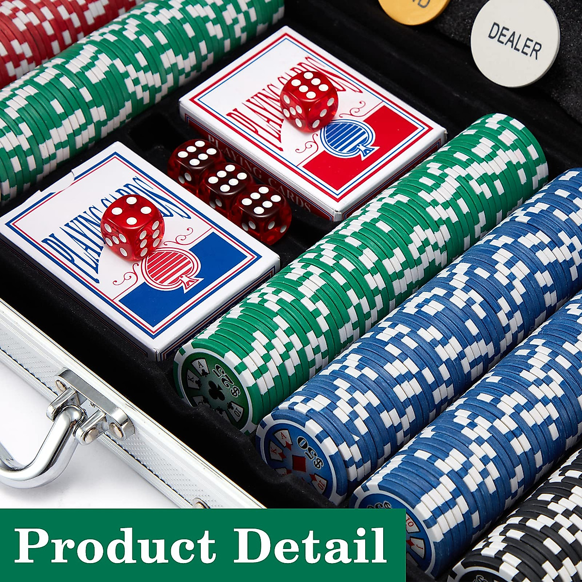 ECOTOUGE Poker Chip Set 500 with Case, Poker Set with 11.5 Gram Chips, Cards, Dices, Buttons and Aluminum Case for Texas Holdem Blackjack Gambling, Home Game with Family and Friends, White