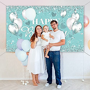 Teal Birthday Party Supplies Turquoise and Silver Birthday Backdrop Banners Turquoise Giltter Birthday Background for Women Girls Photography Birthday Photo Booth Teal Wall Decorations 5.9 x 3.6 Feet