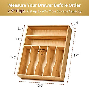 Kitchen Drawer Organizer, 13 Inch Silverware Utensil Tray Holder, Extra Deep, with Non-Slip Feet & Grooved Drawer Divider, 7 Slots Total Bamboo Wood Caddy for Flatware Cutlery Knives, Forks, Spoons