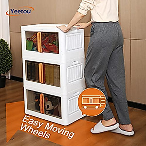 Storage Bins with Lids - 5 Packs Collapsible Storage Bins with Wheels 20 Gal Stackable Plastic Storage Bin Organizer with Double Doors & Secure Buckle, X-Large Storage Containers for Home Organizing Clothes, Clear Tan Color Door(80 Quart/20 Gal)