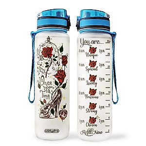 64HYDRO 32oz 1Liter Motivational Water Bottle with Time Marker & Removable Strainer Flip Top Leakproof Durable BPA Free Non-Toxic for Home Work Gym Fitness Sports - Beauty Once Upon A Time Rose