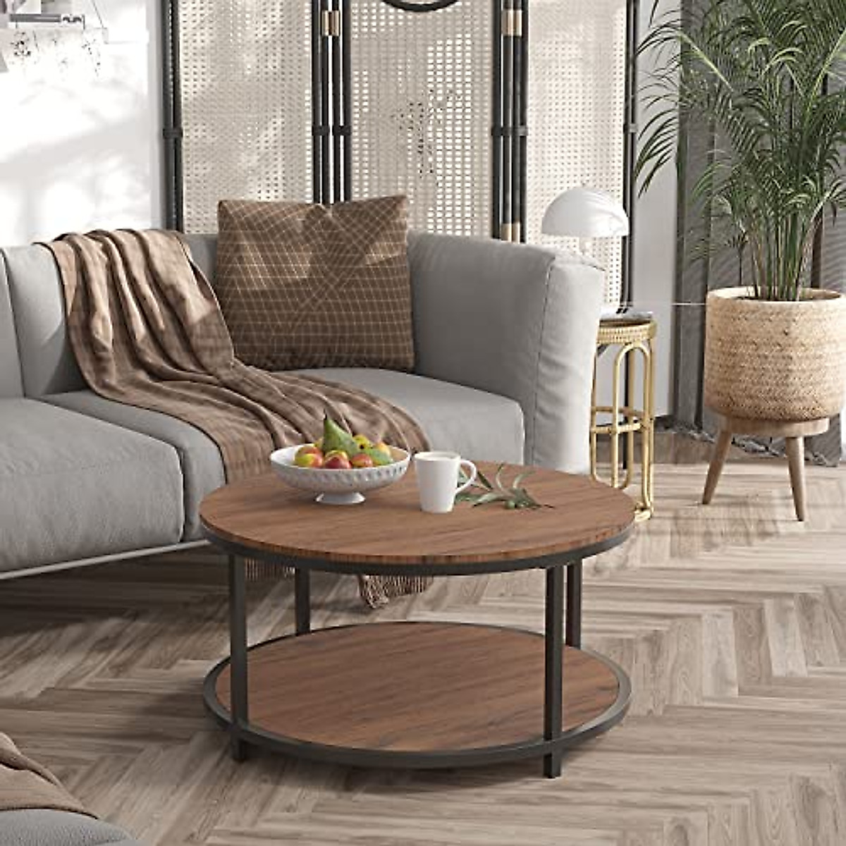 NSdirect 36” Round Coffee Table, Rustic Wooden Surface Top & Sturdy Metal Legs Industrial Sofa Table for Living Room Modern Design Home Furniture with Storage Open Shelf (Dark Walunt)