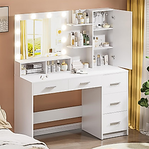 DINGIPP Makeup Vanity Desk with Mirror & Lights, Large Vanity Table with 5 Drawers, 1 Cabinet and 4 Hooks, Vanity Desk with Power Outlet & Adjustable Shelves, Dressing Table for Women, Girls (White)