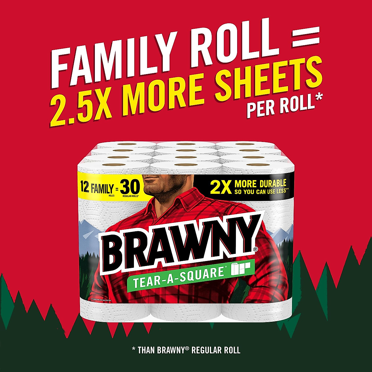 Brawny Tear-A-Square Paper Towels, 12 Family Rolls = 30 Regular Rolls, 2X More Durable*, 3 Sheet Sizes, Strong and absorbent extra-large roll