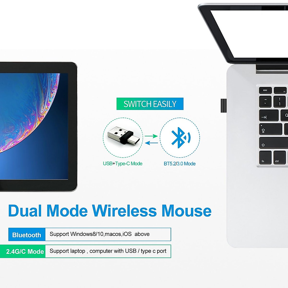 KLO 4 Modes Rechargeable Bluetooth Mouse/Bluetooth 3.0/5.2+USB-2.4G/Type-C,Bluetooth Mouse for MacBook pro/MacBook air/Laptop/iMac/ipad/Notebook/pc（BT/USB-C Black）