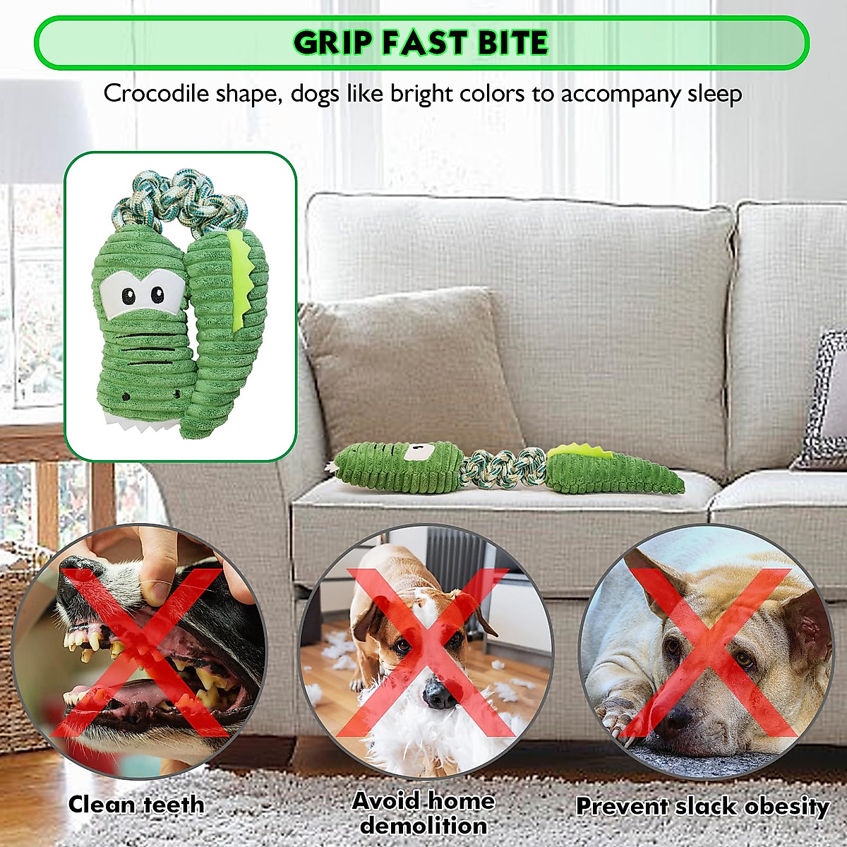 Dog Toy with Cotton Rope,Suitable for Medium to Large Dogs, Interactive Squeaky Dog Toys，Chew Toy Durable Plush Dog Toys，Durable Stress Relief Cute Alligator Shape