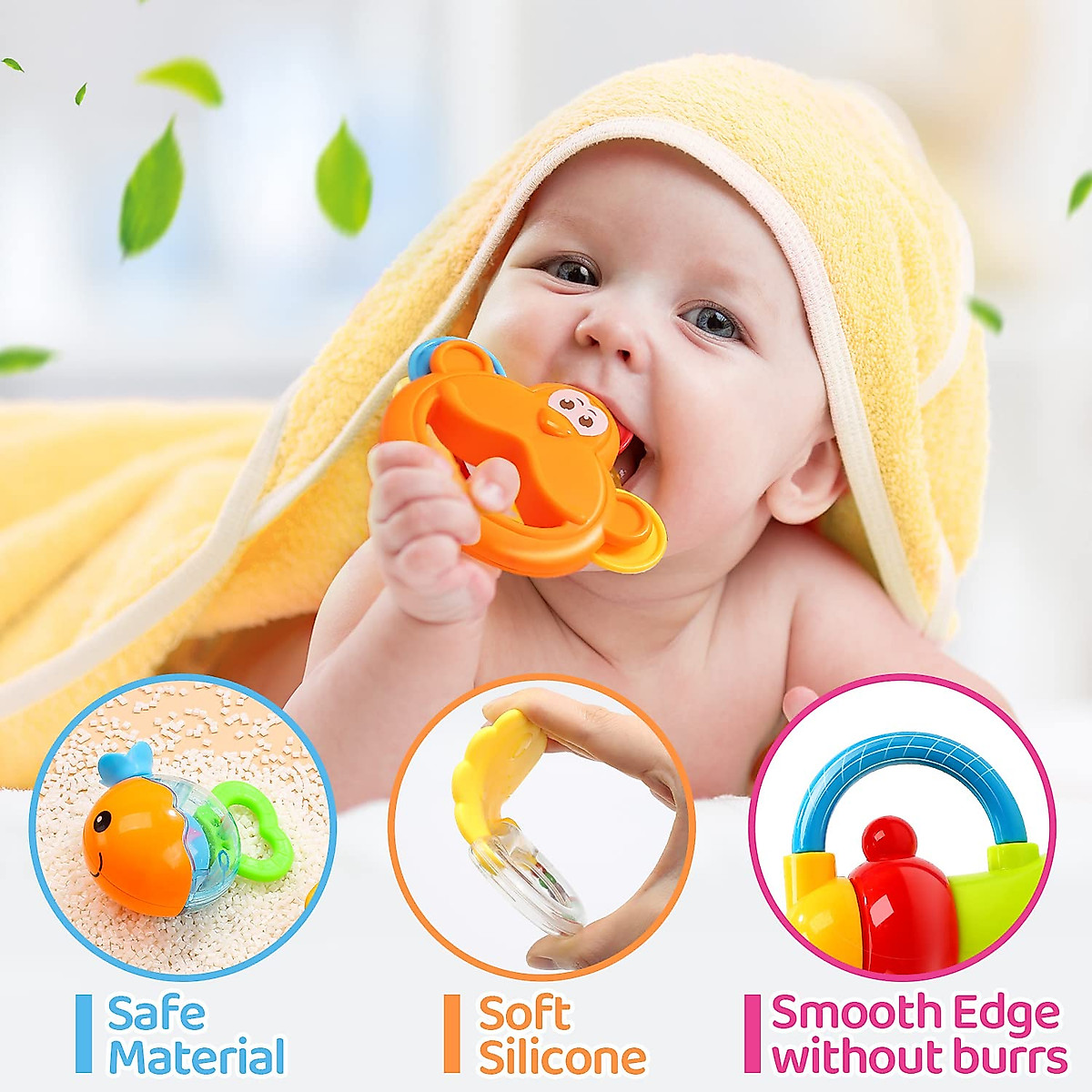 CUTE STONE Baby Rattles Toys Set, Babies Teethers Toys for Baby 3-12 Months, Early Development Learning Toy with Grasp, Spin Rattle Set and Storage Box, Newborn Infant Birthday Gifts for Girls & Boys